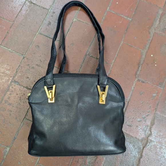 Perlina | Bags | Perlina Black Leather Shoulder Bag With Gold Accents ...